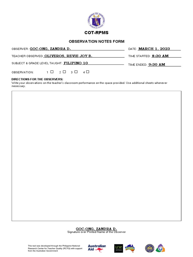 Appendix C 08 COT RPMS Observation Notes Form | PDF