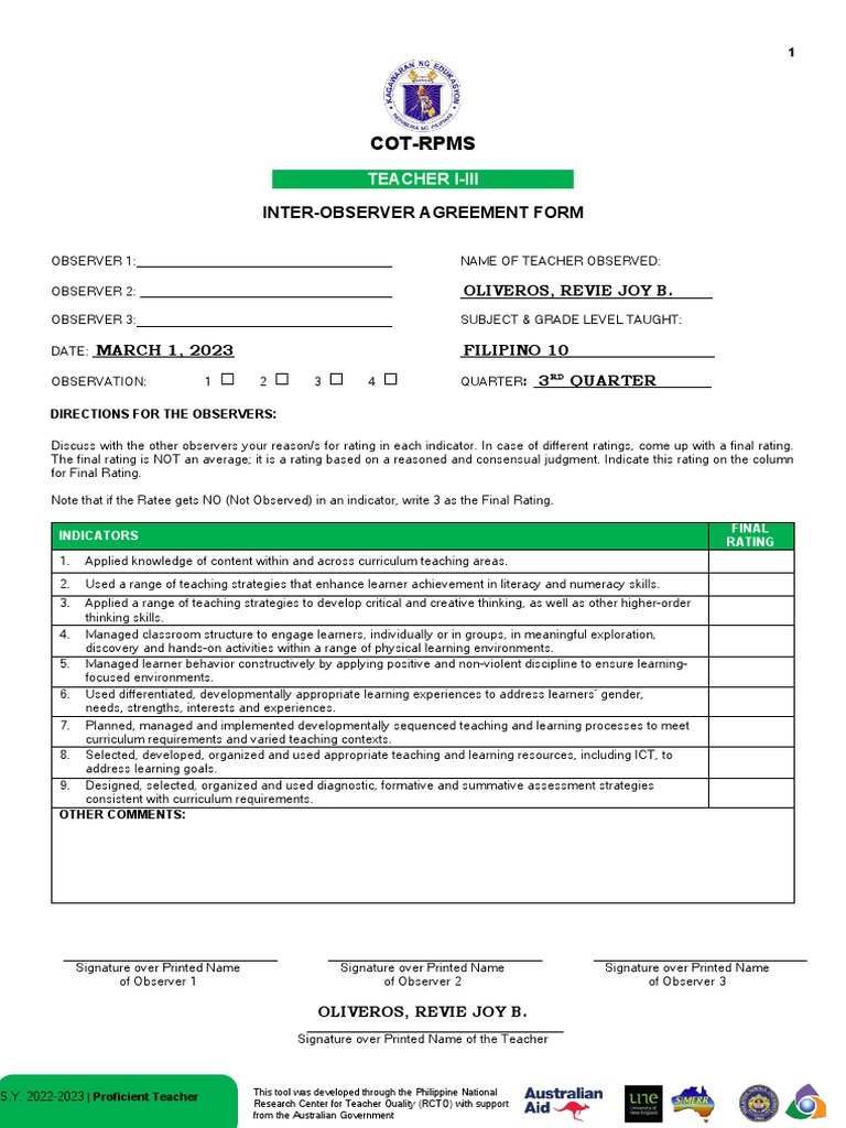 Teacher Observation Agreement Form | PDF | Learning | Curriculum