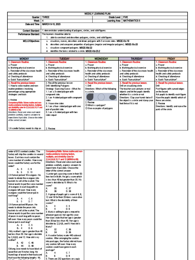 Weekly Math Learning Plan | PDF | Learning | Cubism
