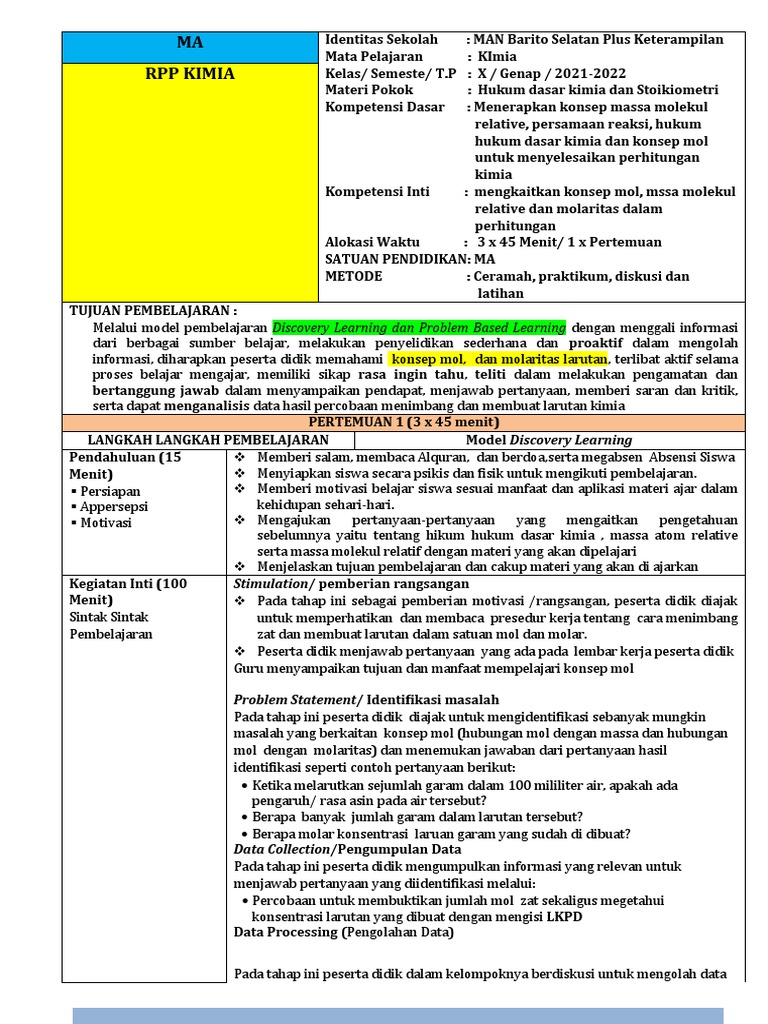 RPP KIMIA Dan LKPD Kelas X Konsep Mol | PDF