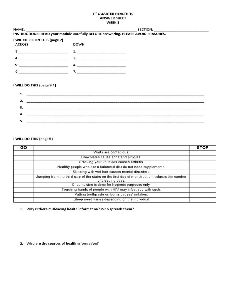 1st Quarter Health Answer Sheet | PDF | Public Health | Medicine