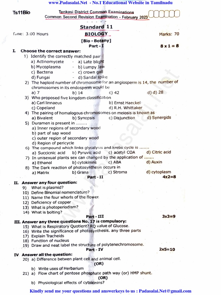 11th Biology EM 2nd Revision Exam 2023 Original Question Paper Thenkasi ...