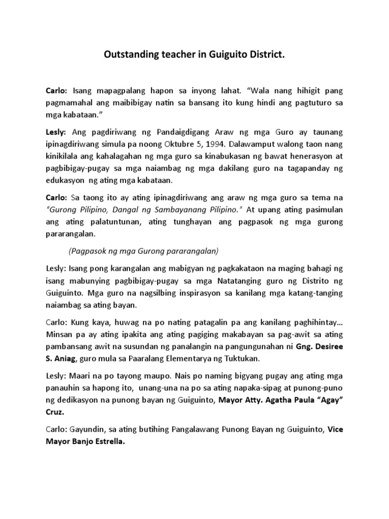 Emcee Script Natatanging Guro NG Taon Emcee | PDF