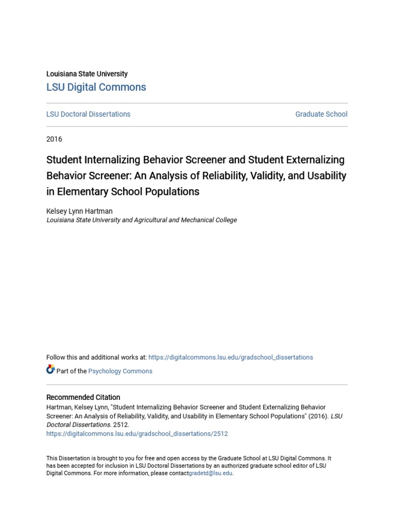 Student Internalizing Behavior Screener and Student Externalizing | PDF | Validity (Statistics ...