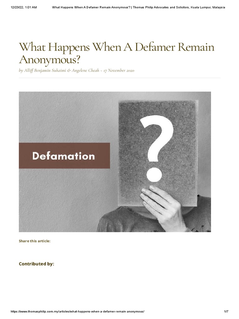 What Happens When A Defamer Remain Anonymous - Thomas Philip Advocates ...
