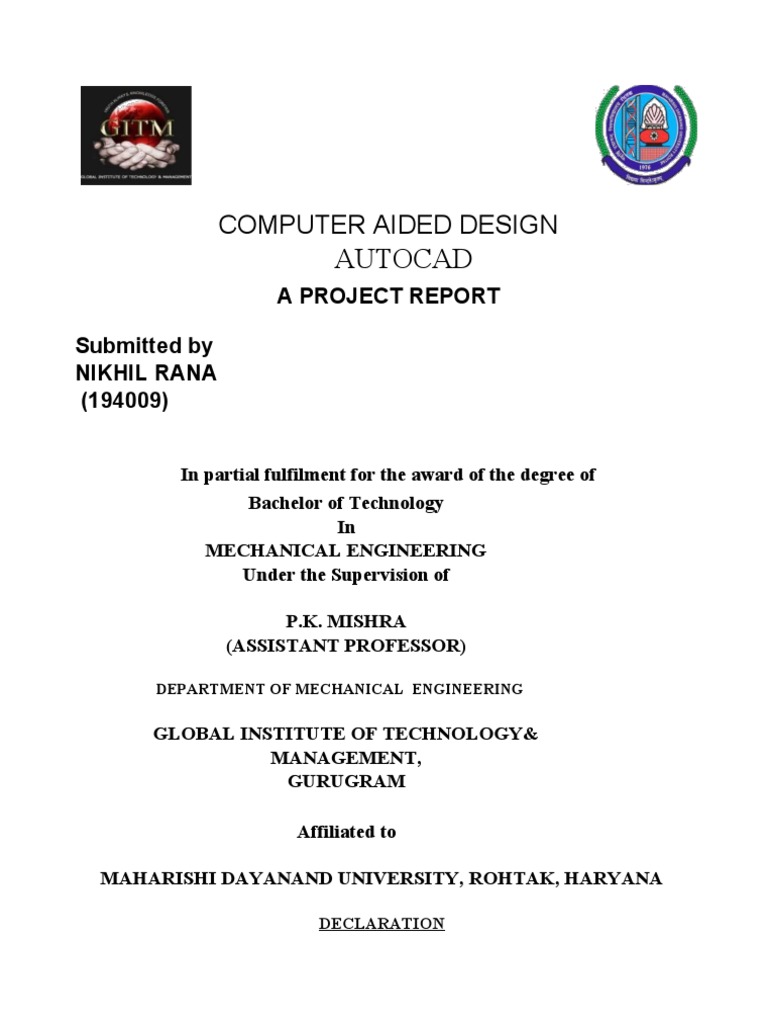 AutoCAD Project Report for B.Tech Mechanical | PDF | Autodesk | Auto Cad
