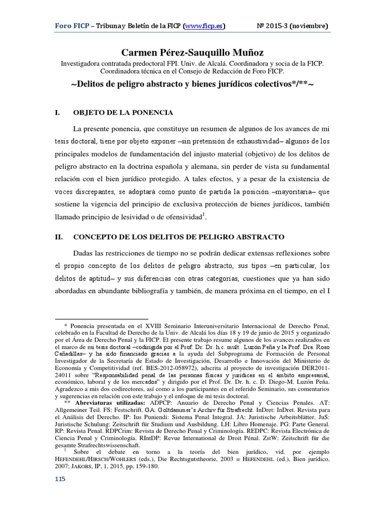 Perez. Delitos de Peligro Abstracto y Bienes Jurídicos Colectivos 2015 | PDF | Derecho penal ...