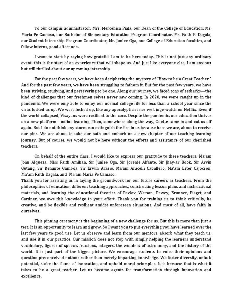 Pinning Ceremony Speech | PDF | Philosophy Of Education | Cognition