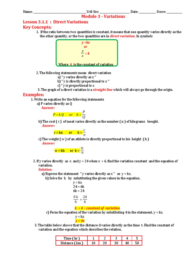 Lesson 3.1 Direct Variations Key Points | PDF | Equations | Weight