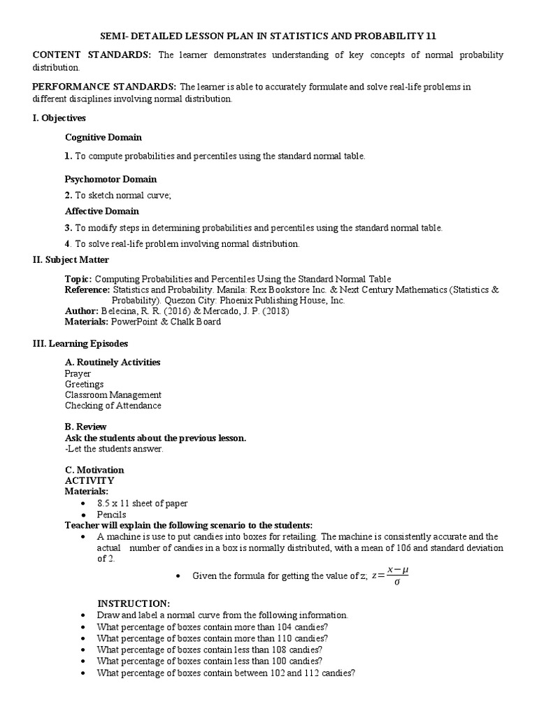 Semi Detailed Lesson Plan in Stat. & Prob 11 | PDF | Normal ...