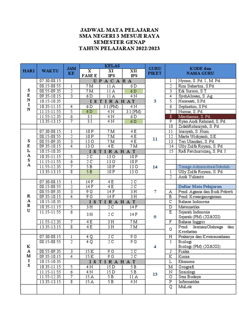 Jadwal KBM Semester Genap | PDF