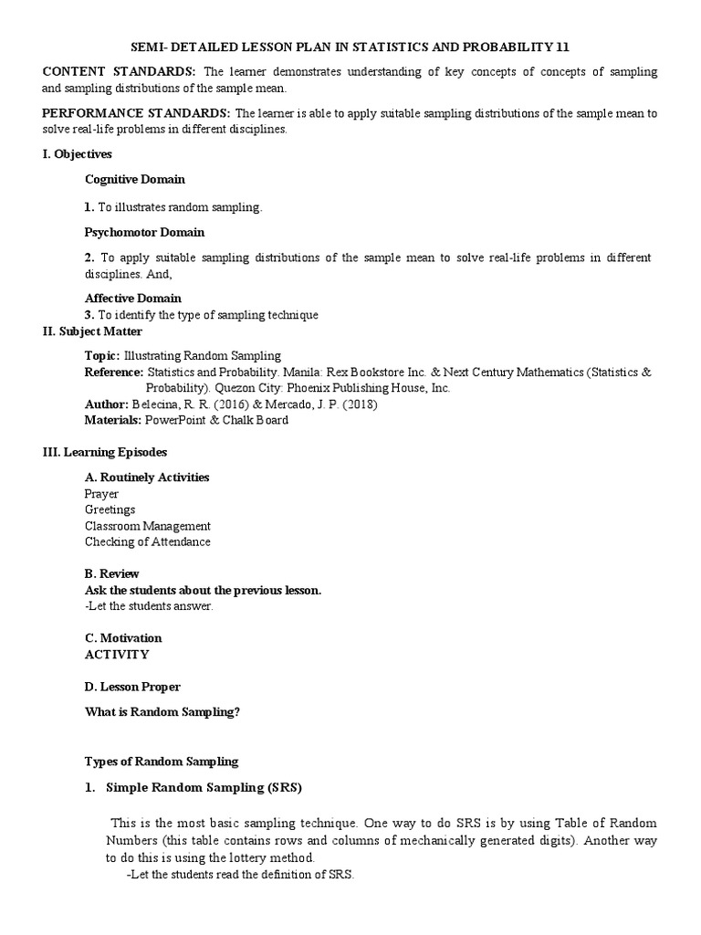 Semi Detailed Lesson Plan in Stat. & Prob 11 | PDF | Sampling ...