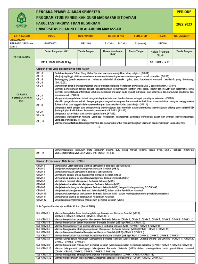 RPS Manajemen Berbasis Sekolah Prodi PGMI Tarbiyah SMT IV TA 2022-2023 | PDF