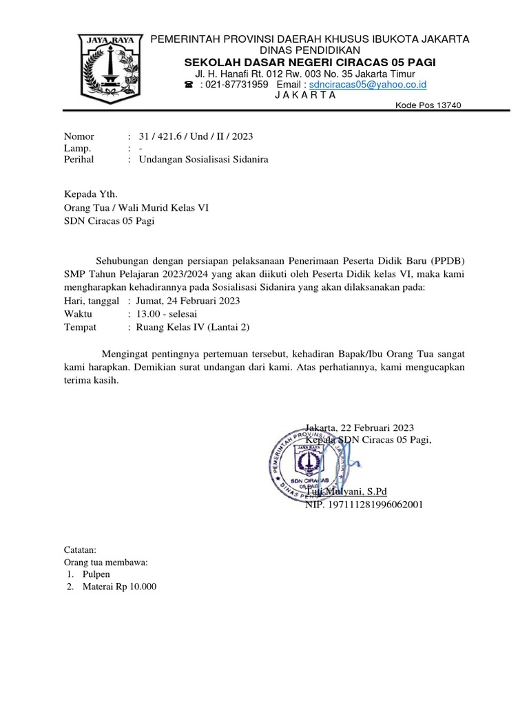 Surat Undangan Sosialisasi Sidanira | PDF
