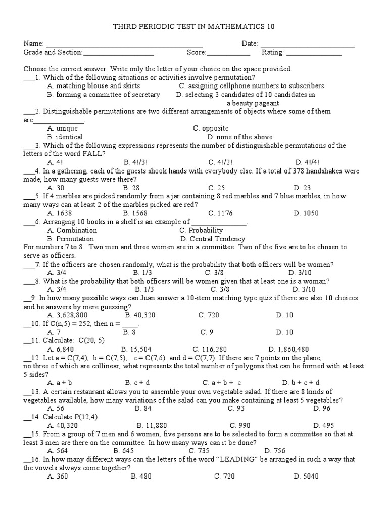 Mathematics 10: Permutations & Combinations Test | PDF | Odds | Permutation