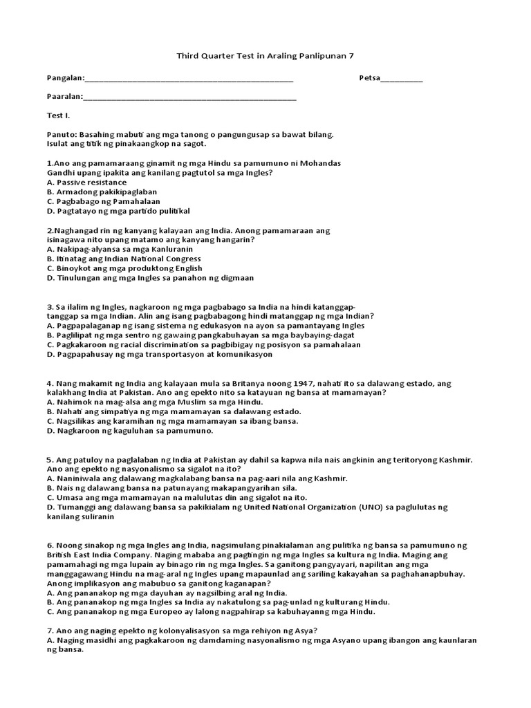 Third Quarter Test in Araling Panlipunan 7 | PDF
