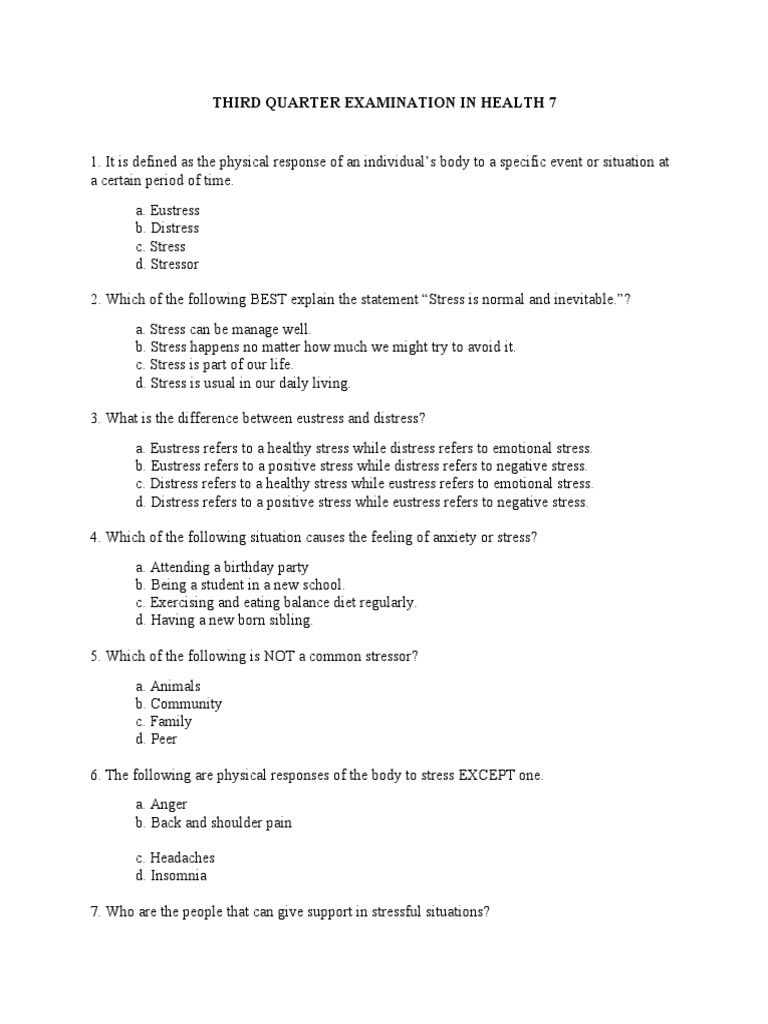 Third Quarter Examination in Health 7 | Download Free PDF | Stress (Biology) | Mental Disorder