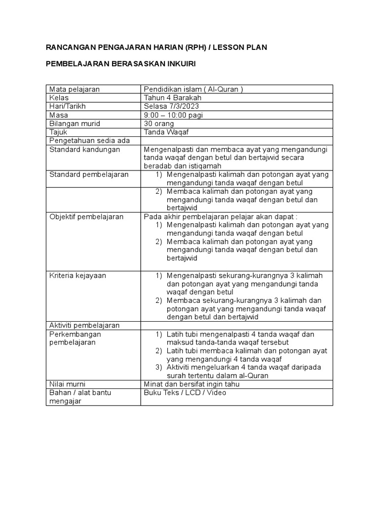 Kaedah Mengajar (Lesson Plan:rph) | PDF