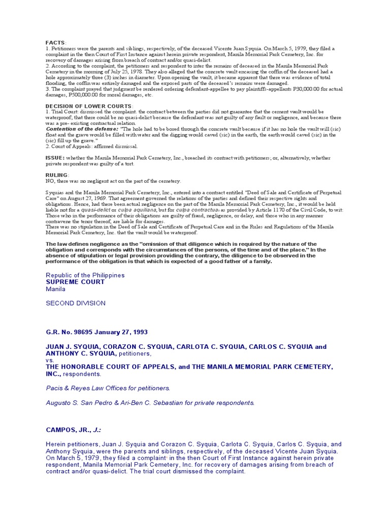Cemetery Contract Breach Case Summary | PDF | Negligence | Lawsuit