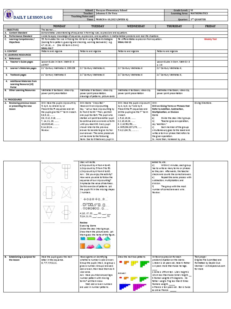 DLL - Mathematics 6 - Q3 - W4 | PDF | Equations | Mathematics