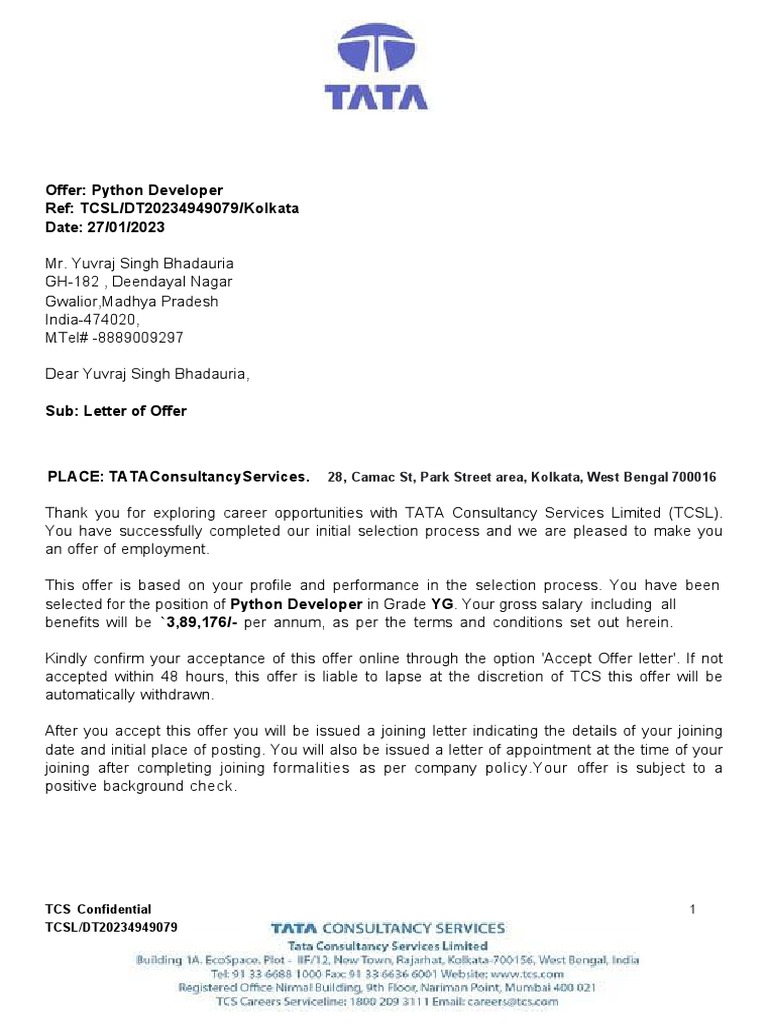 TCS-offer-letter-Yuvraj Singh Bhadauria PDF | PDF | Intellectual ...