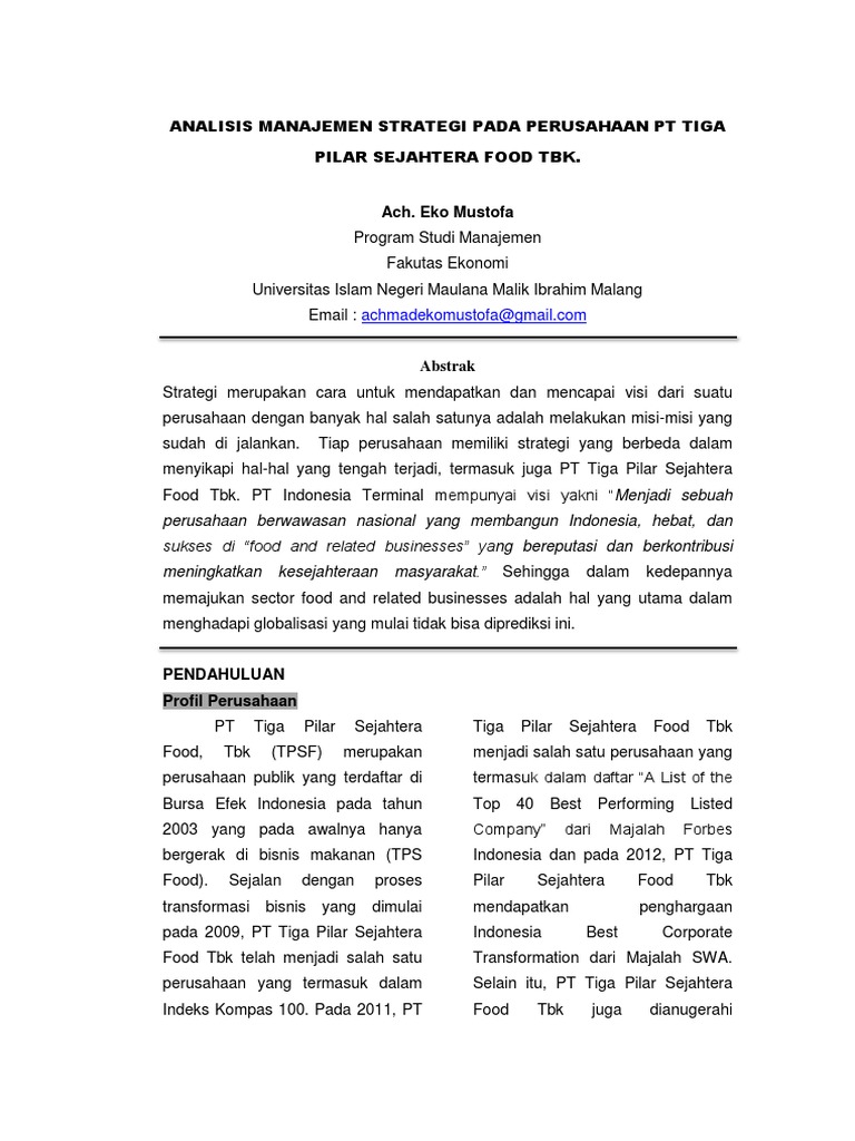 ANALISIS MANAJEMEN STRATEGI PADA PERUSAHAAN PT TIGA PILAR SEJAHTERA ...