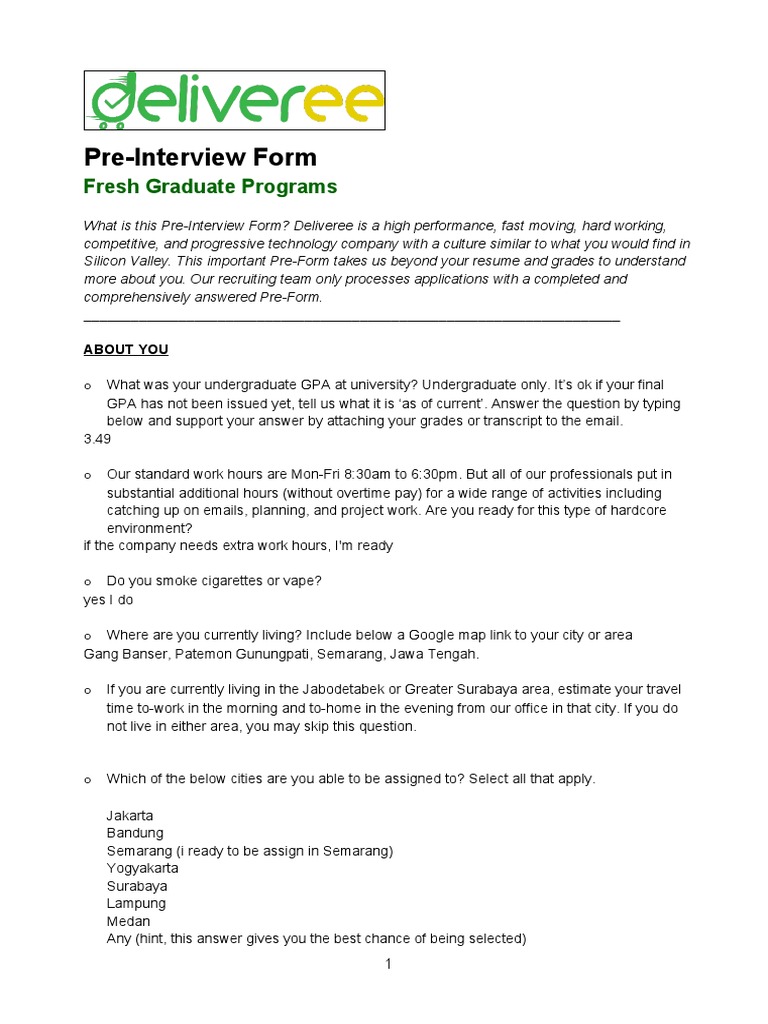 Pre-Interview Form: Fresh Graduate Programs | PDF | Computing