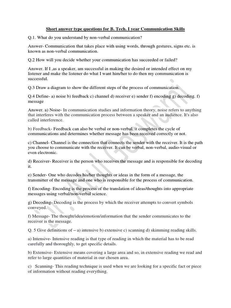 Sample Short Questions Set 1 | PDF | Communication | Nonverbal ...