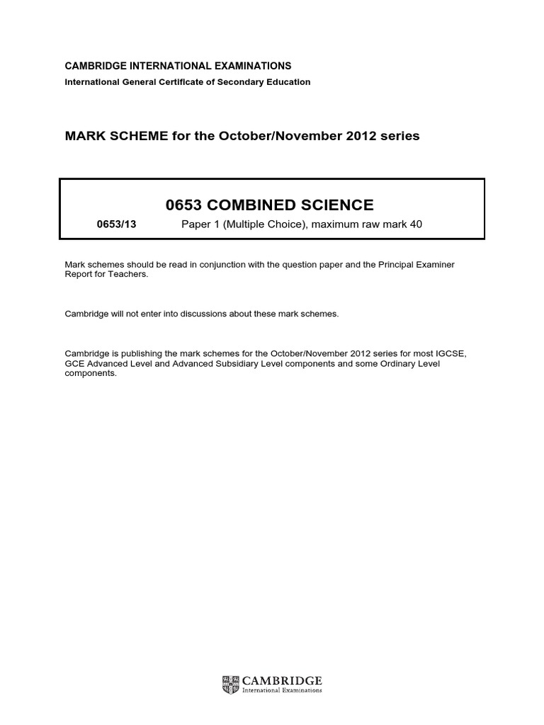 0653 Combined Science: MARK SCHEME For The October/November 2012 Series ...
