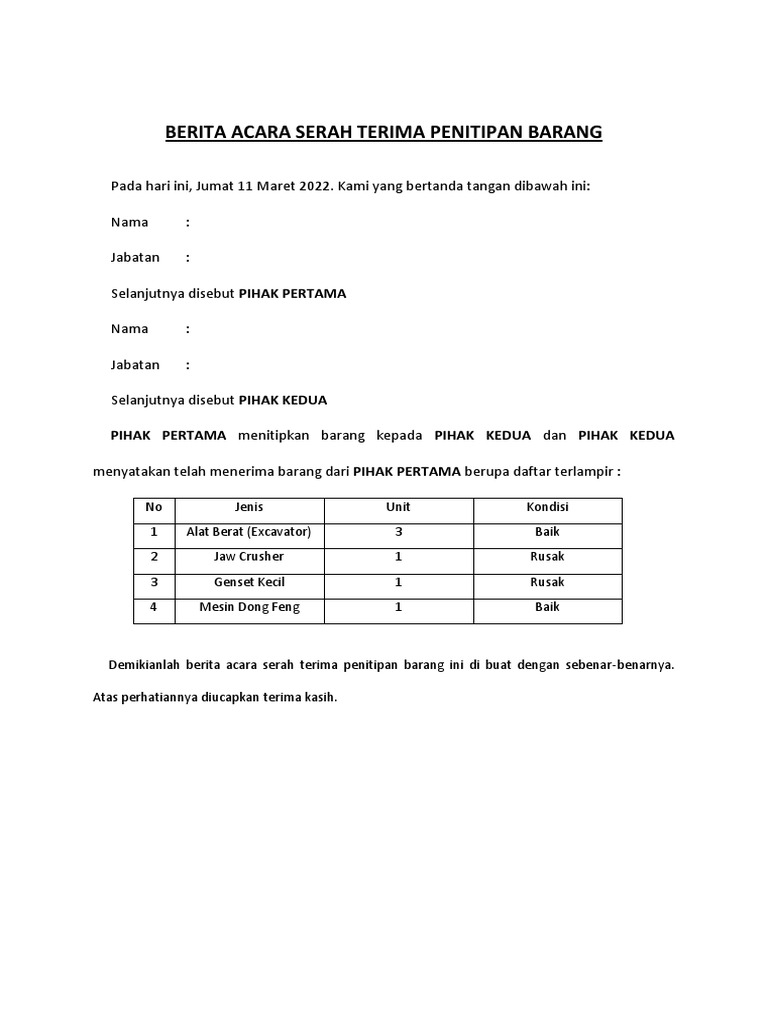 Berita Acara Serah Terima Penitipan Barang PDF | PDF