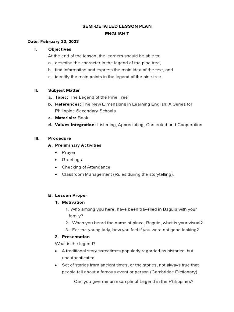 SEMI-DETAILED LESSON PLAN - Legend of The Pine Tree | PDF | Storytelling