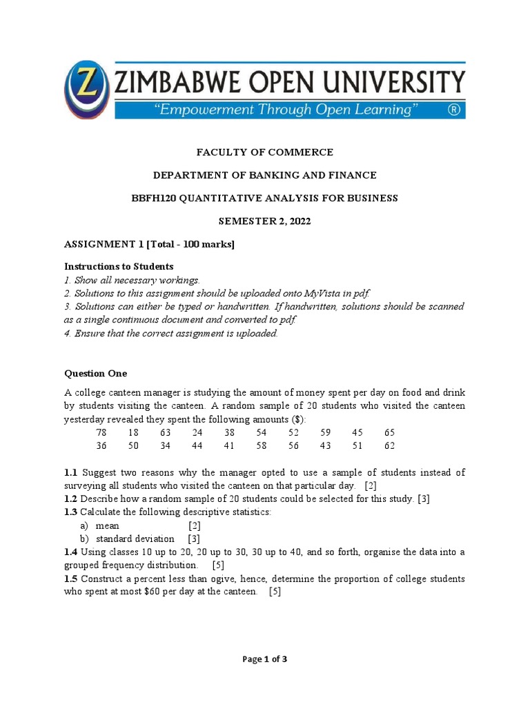 BBFH120 Assignment 1 | PDF | Statistics | Statistical Analysis