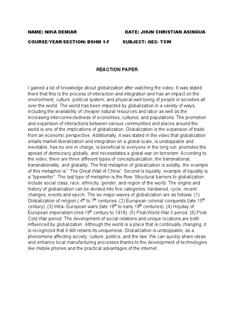 Reaction Paper | PDF | Globalization | Economies