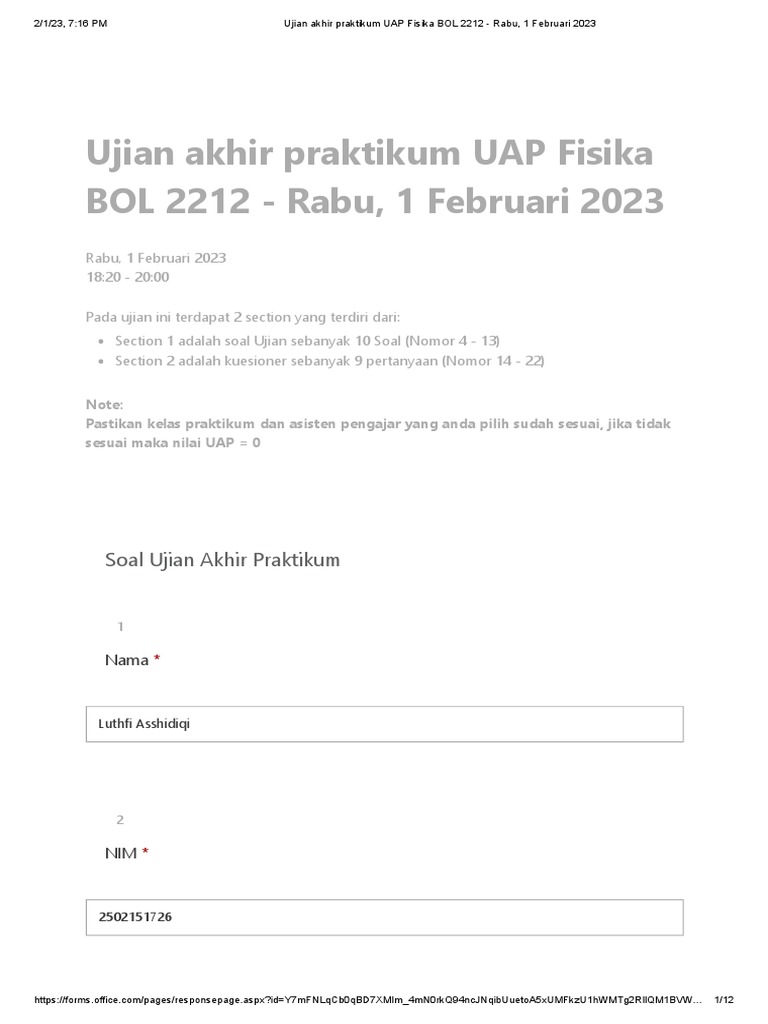 Ujian Akhir Praktikum UAP Fisika BOL 2212 - Rabu, 1 Februari 2023 | PDF