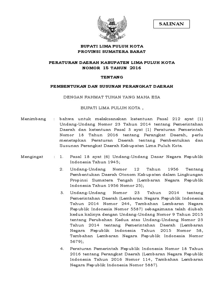 Perda Nomor 15 Tahun 2016 Tentang Pembentukan Dan Susunan Perangkat Daerah | PDF