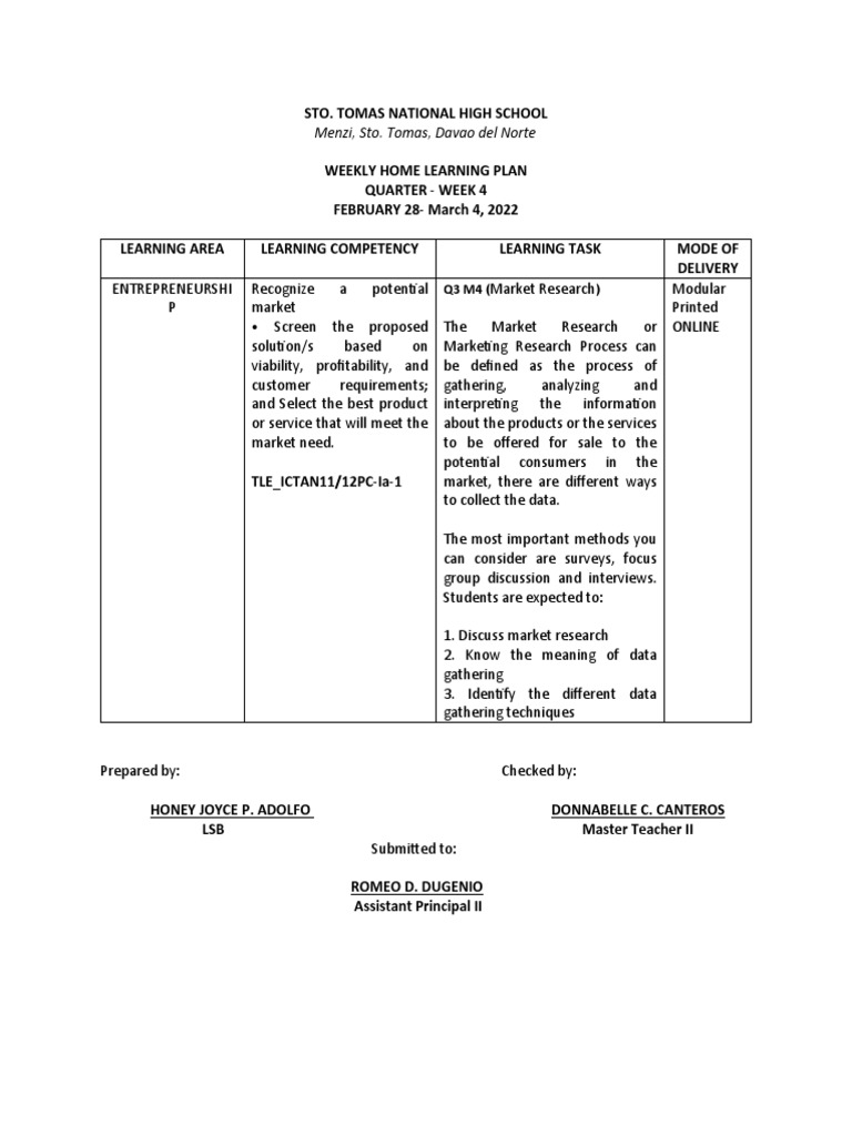 WHLP Q2 Week 4 ENTREP | PDF | Marketing Research | Information Technology