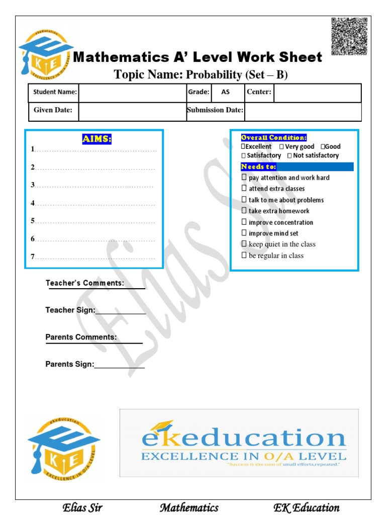 Probability A' Level Worksheet | PDF