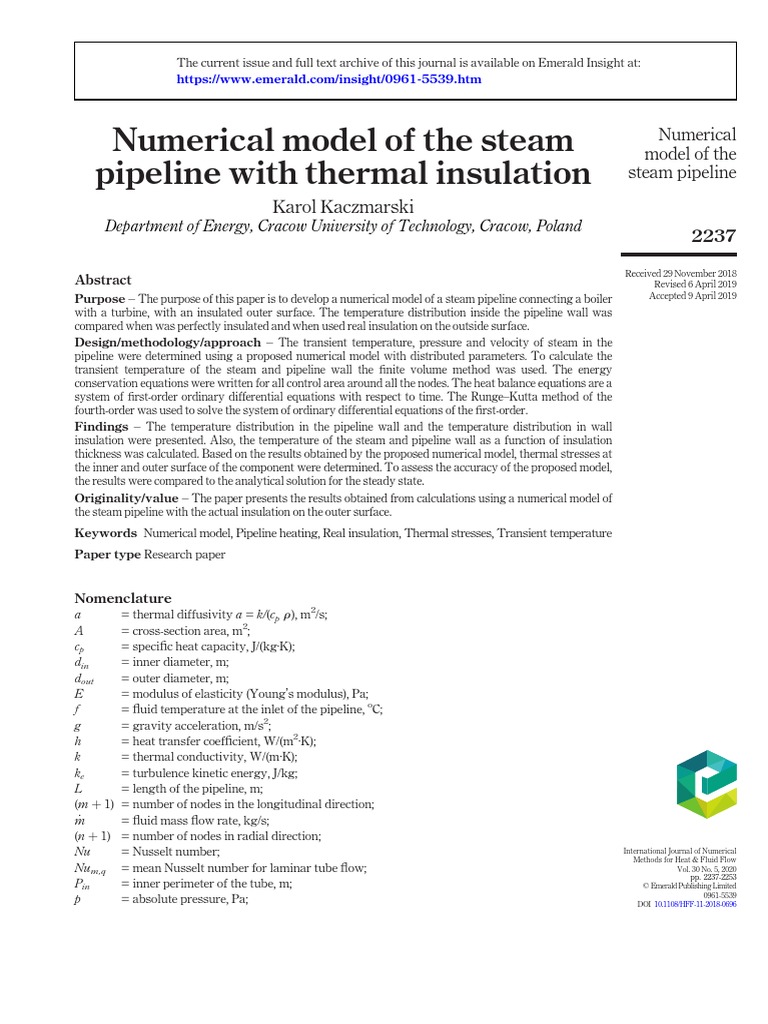 Numerical Model Of The Steam Pipeline With Thermal Insulation Pdf Download Free Pdf Thermal