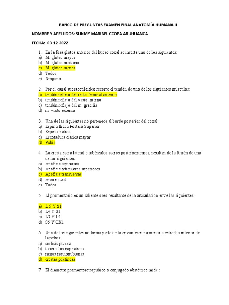 Banco de Preguntas Final Anatomia Ii Preguntas Udabol | PDF | Anatomía humana | Tejido suave