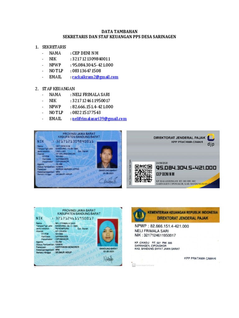 Data Tambahan Sekretaris Dan Staf Keuangan PPS Sarinagen | PDF