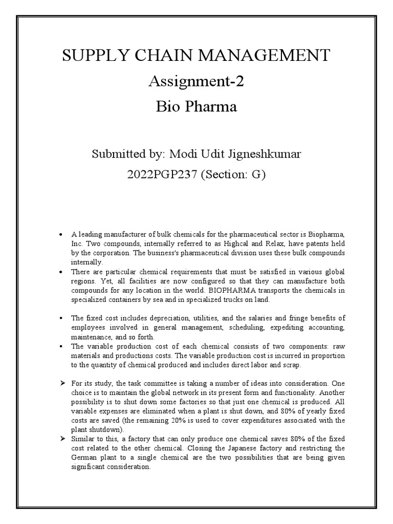 Assignment 2 - BioPharma (Udit Modi - 2022PGP237) | PDF | Expense | Cost