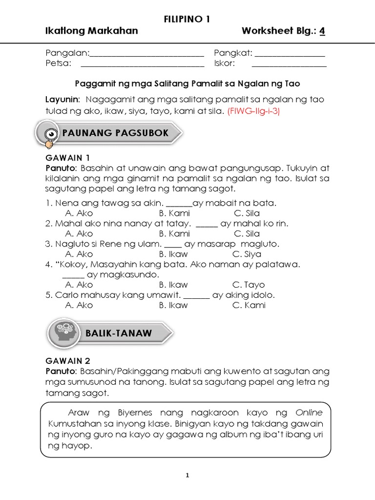 Filipino 1 Worksheet 4 Q3 P | PDF