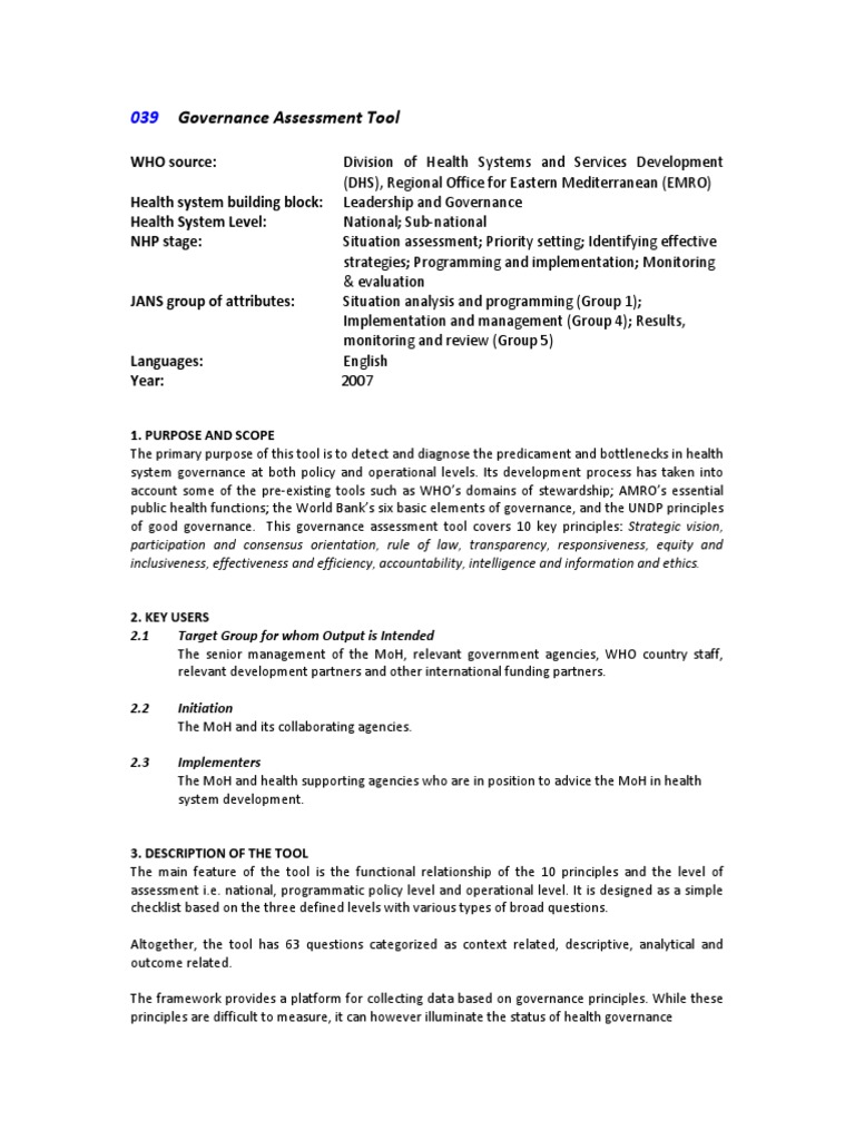 039 Governance Assessment Tool | PDF | Governance | Health System