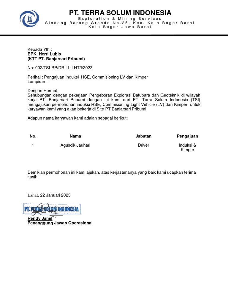 Surat Permohonan Induksi HSE, Kimper PT BP | PDF