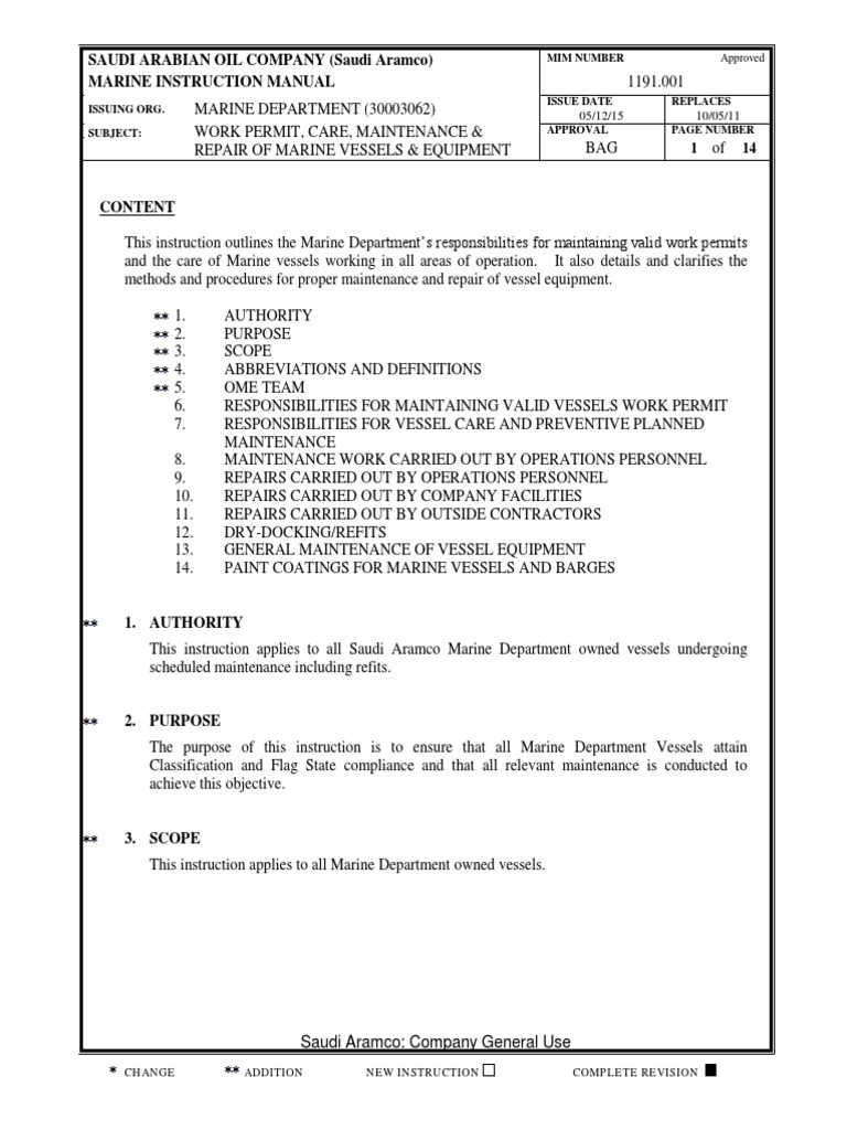 MIM1191.001 WORK PERMIT, CARE, MAINTENANCE & REPAIR OF MARINE VESSELS ...