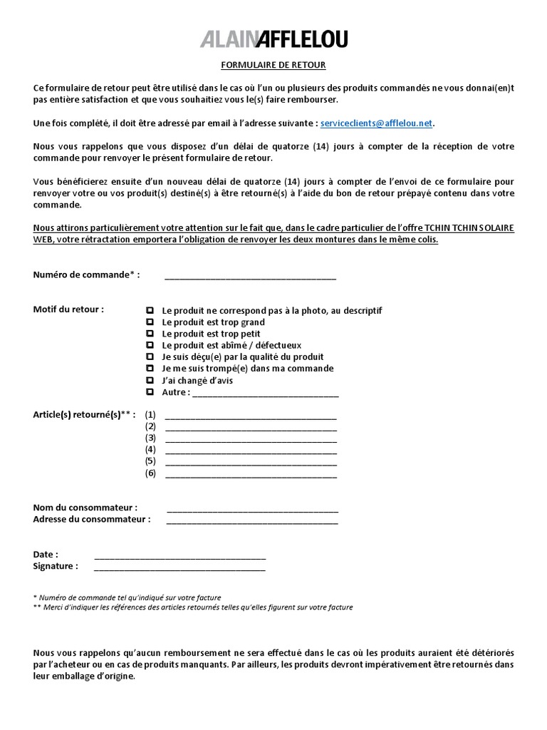 Formulaire de Retour Produit | PDF