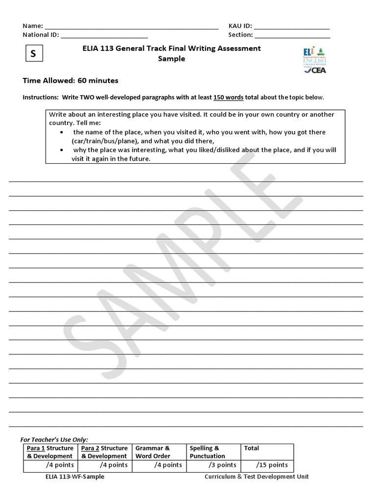 ELIA 113 Final Writing Exam Sample | PDF | Cognition