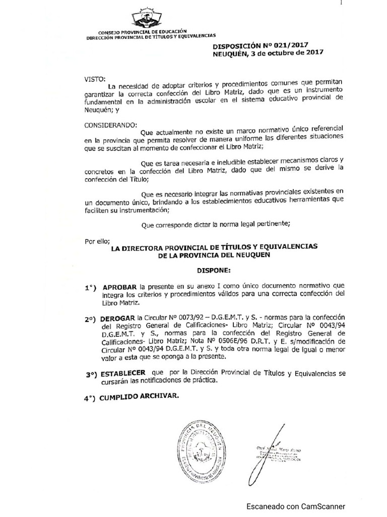 Dispo 021-2017 Matriz | PDF