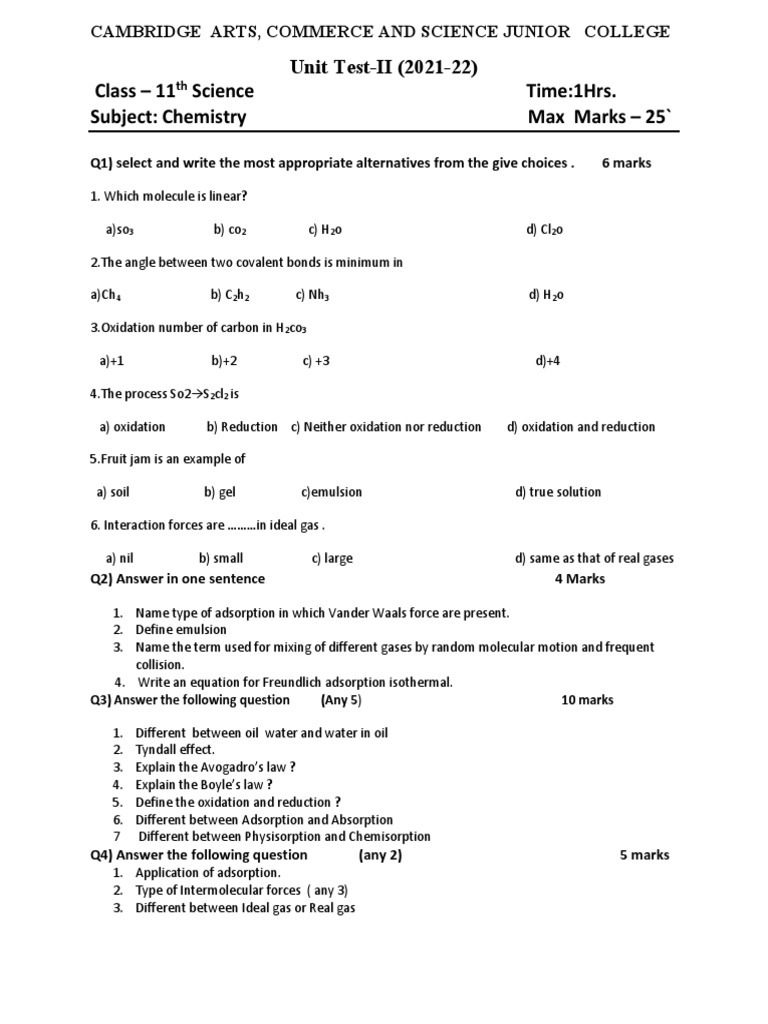 11 2nd Unit Test Chemistry | PDF