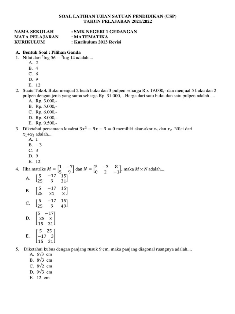 Latihan Soal USP 2023 - Matematika | PDF